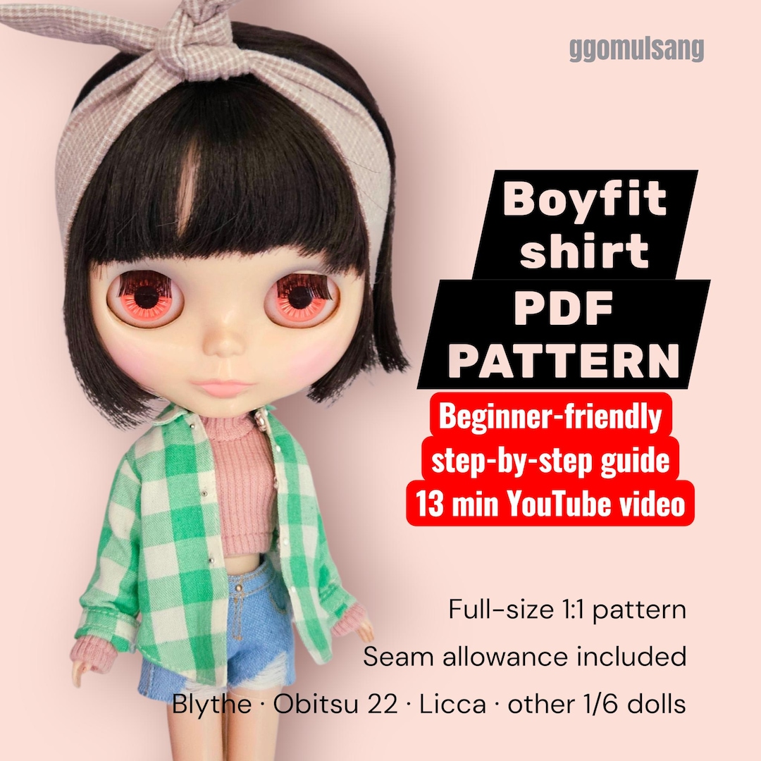 Boyfit Shirt – 1/6 Doll Clothes Sewing Pattern PDF (blythe / Obitsu 22 ...