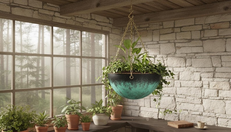 Handmade Copper With Green Patina Hanging Planter Pot Indoor Outdoor ...