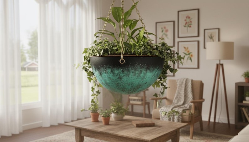 Handmade Copper With Green Patina Hanging Planter Pot Indoor Outdoor ...