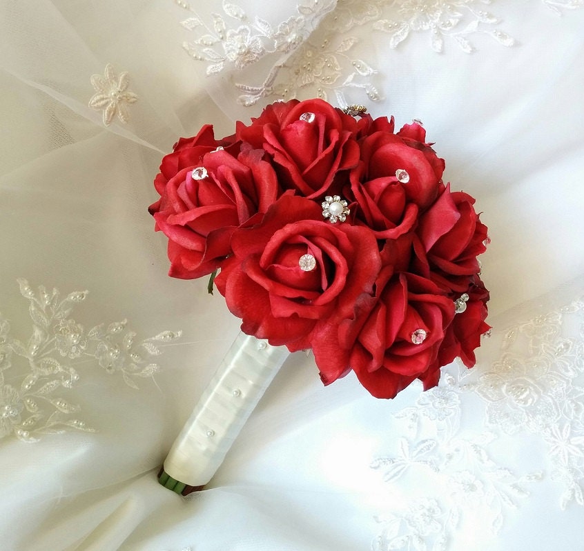 Wedding Real Touch Red Roses With Clear Gems and Pearls Bridal - Etsy