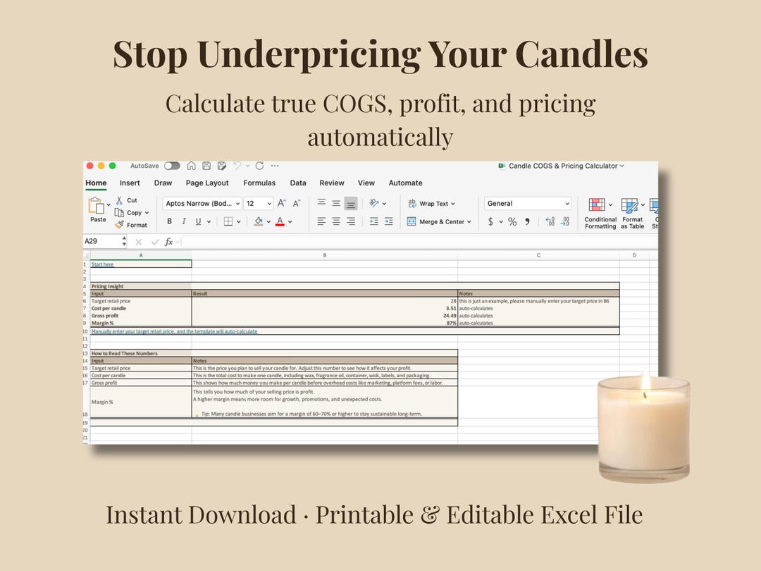 Candle COGS Pricing Calculator, Cost per Product, Profit Margin ...