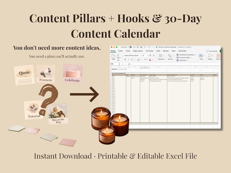 30-day Content Calendar for Candle Makers, Pillars, Hook Ideas ...
