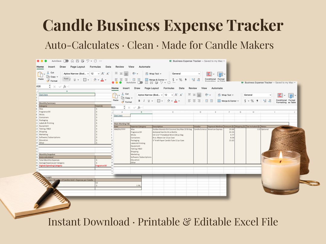 Monthly Expense Tracker for Candle Makers, Auto-calculating Excel ...