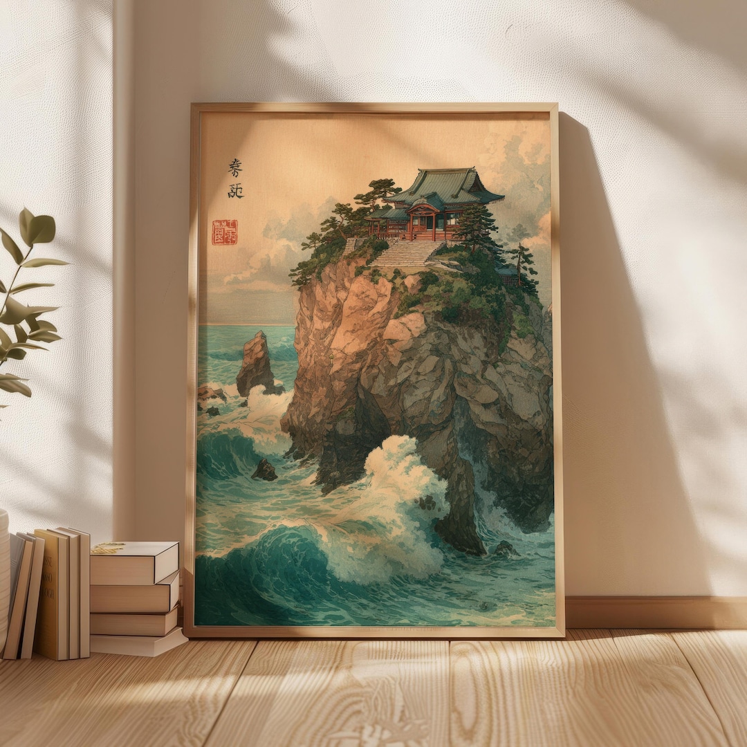 Japanese Temple Cliffside, Ukiyo-e Wall Art Print, Traditional ...