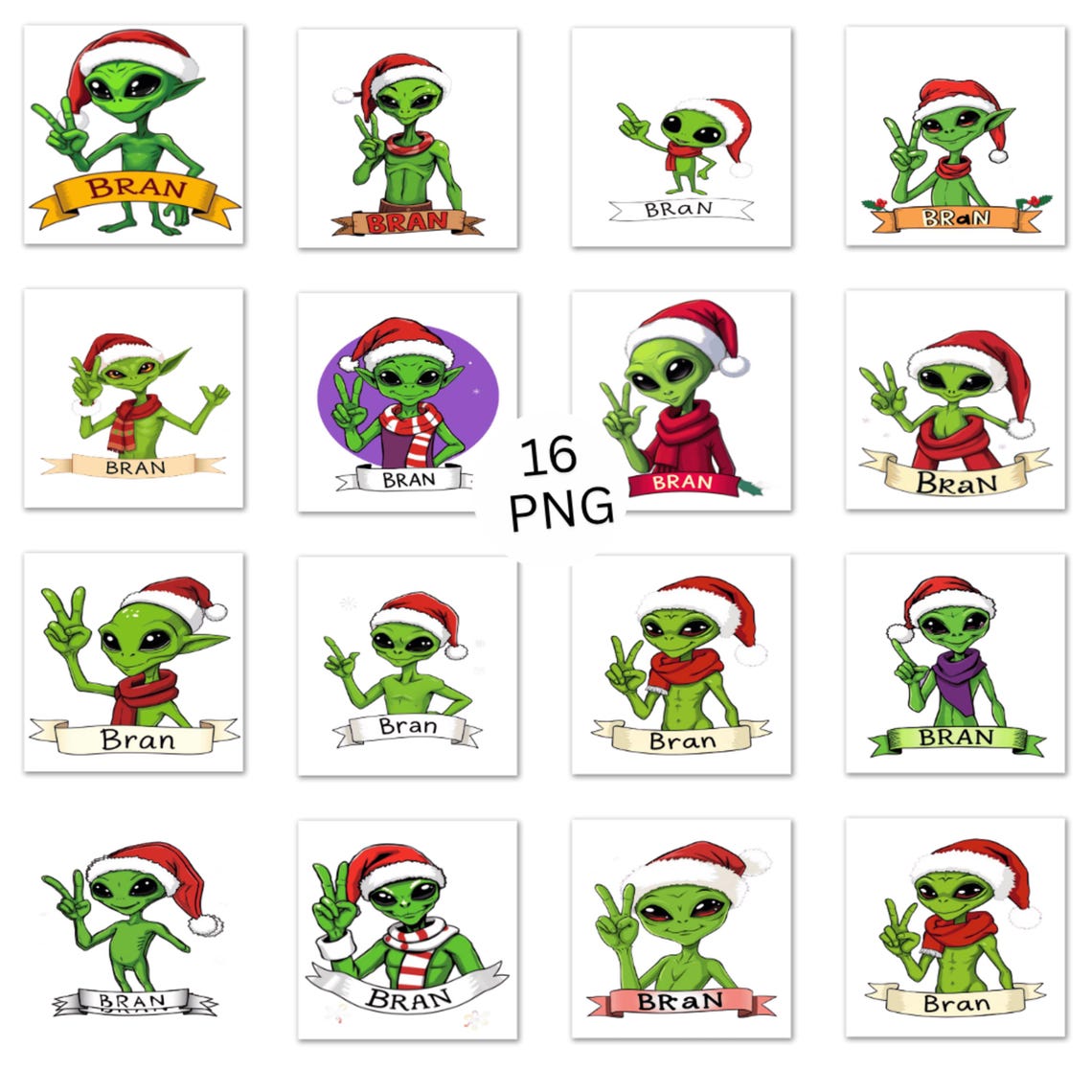 Alien Christmas Clipart Bundle | Cute Green Alien PNG | Santa Hat Alien ...