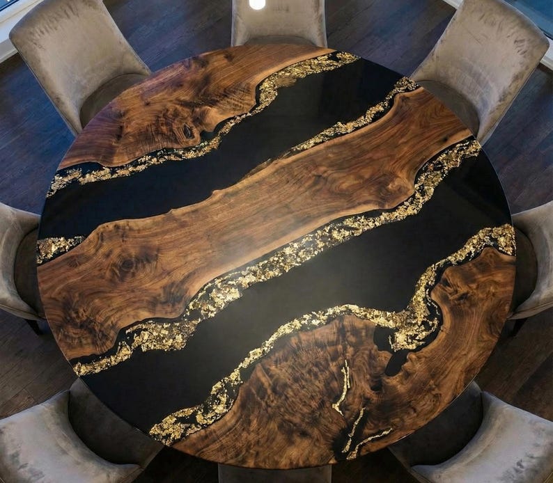 Handmade Round Walnut Epoxy Table – Black Resin River Table With Gold ...