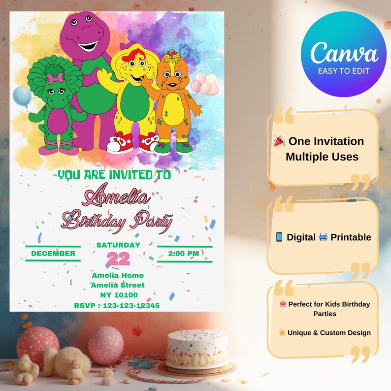 Barney Birthday Invitation Template: Printable Party Invite (digital ...