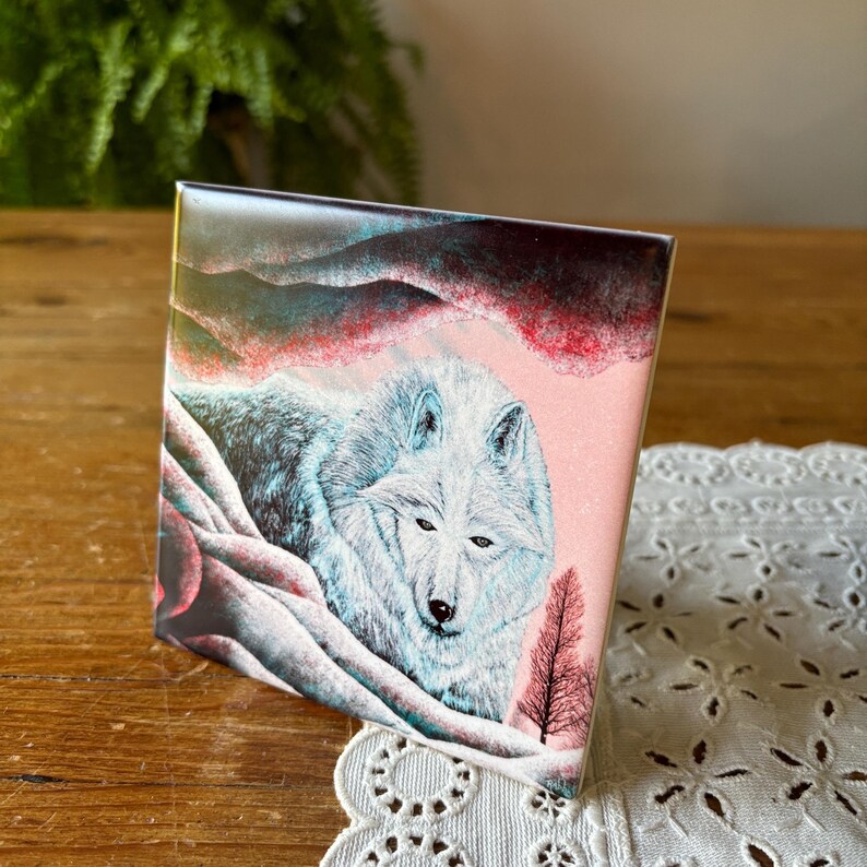 Vintage Bill Rabbit Tile, Hiding Wolf, Art Tile Set on Tabletop, hiding ...