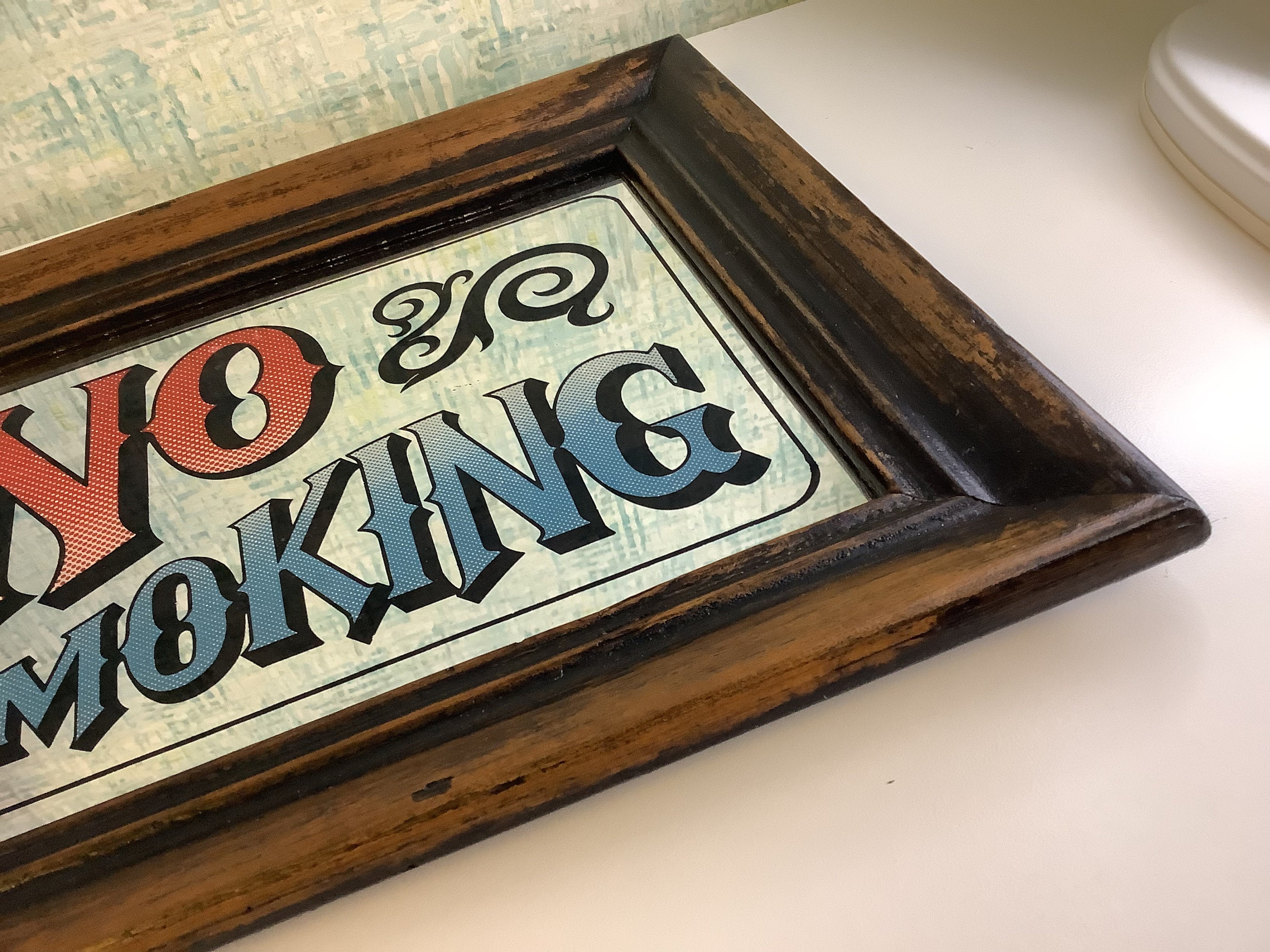 Vintage Bar Sign No Smoking Mirror Framed in Solid Wood Deep Walnut ...