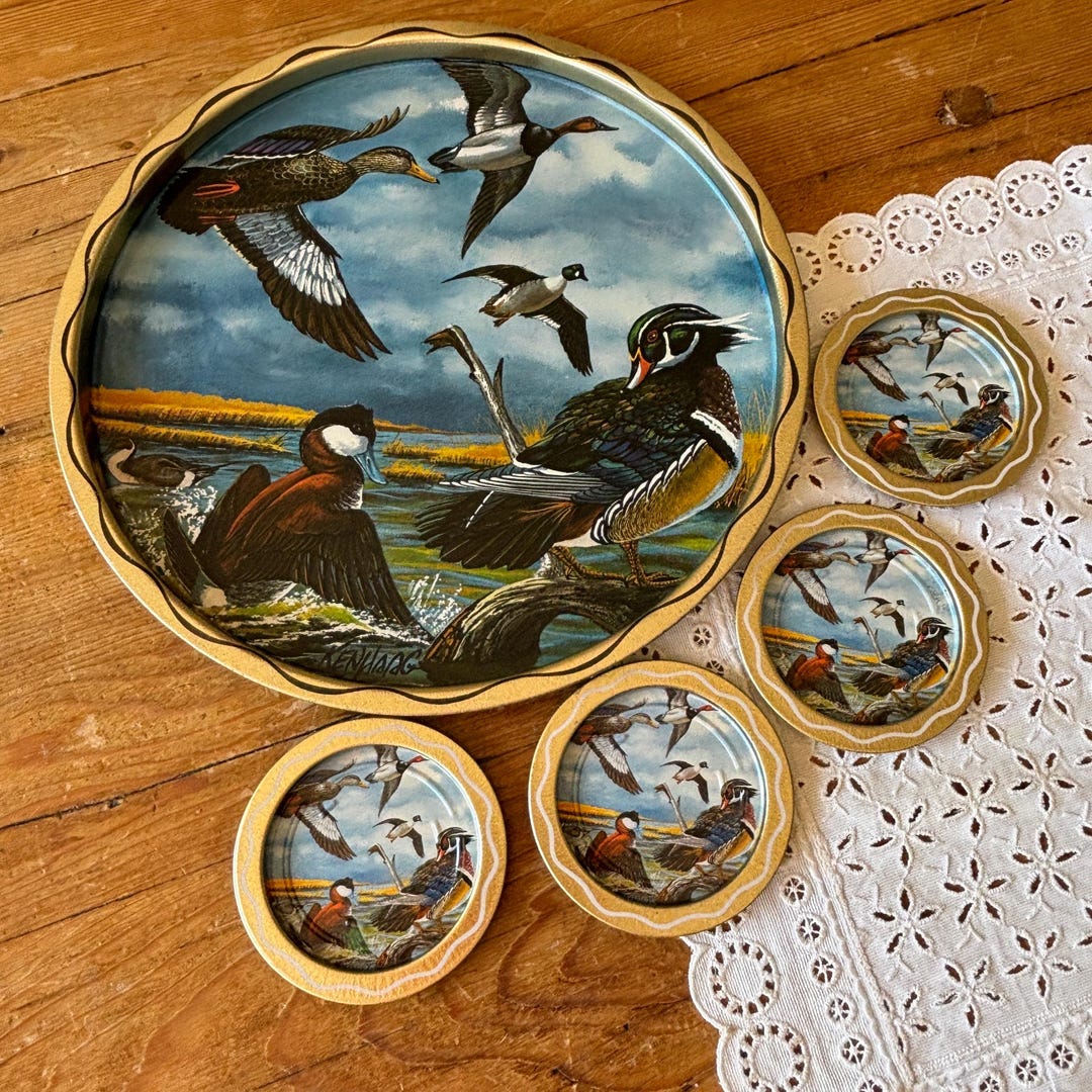 Vintage Bar Tray, Metal Tray With 4 Matching Coasters, Ducks, Water ...