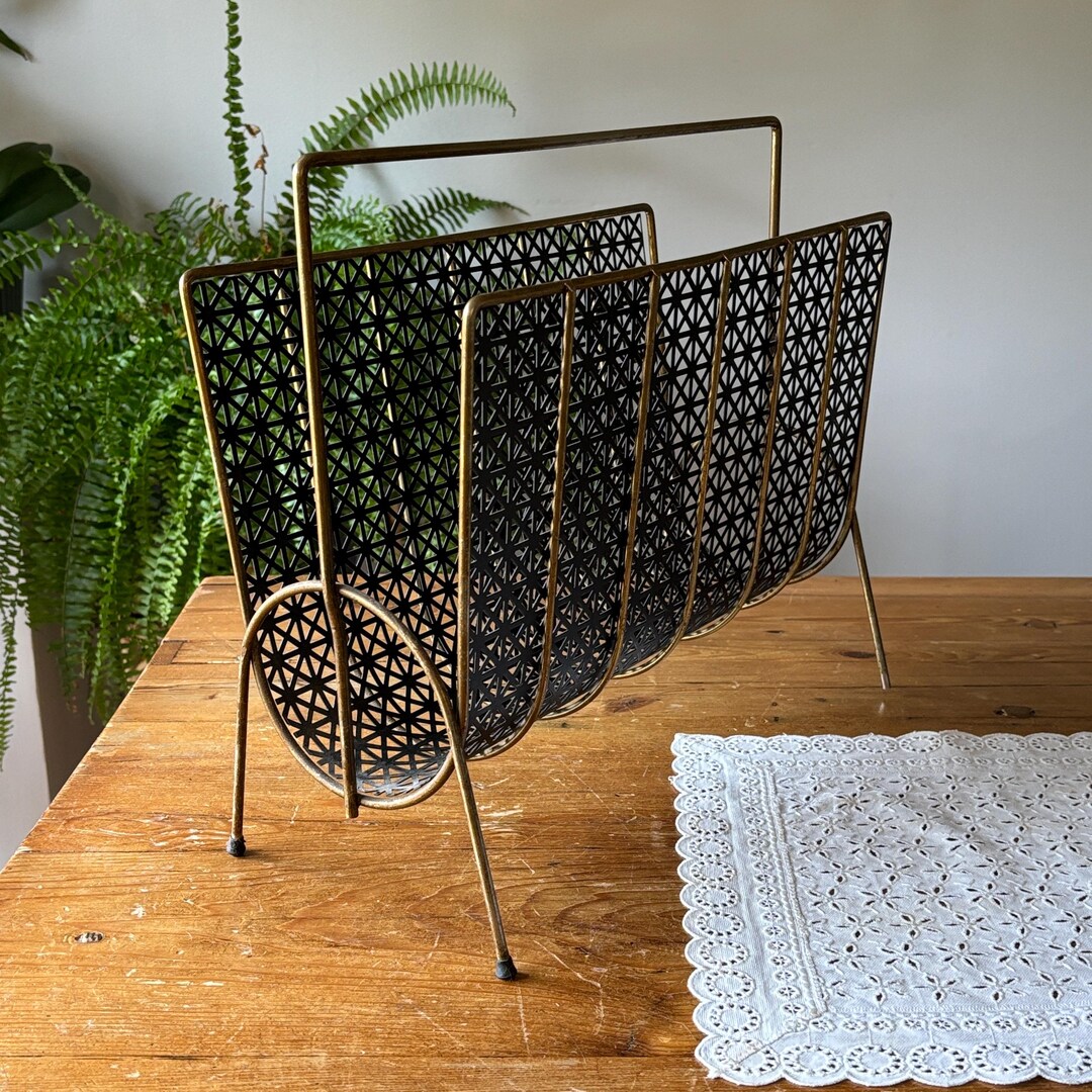Vintage Magazine Rack, MCM, Geometric Black Metal Mesh, Brass Frame ...