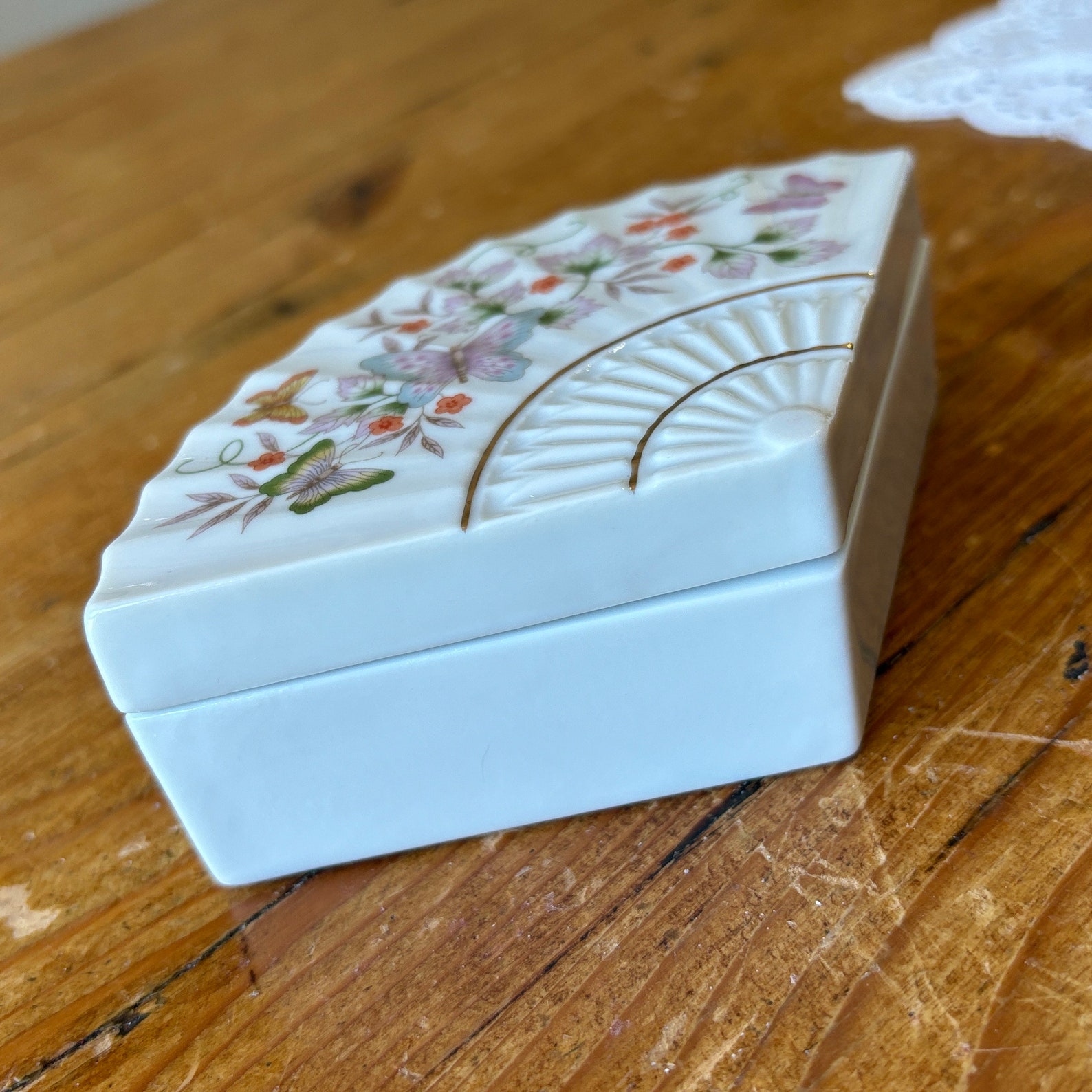 Japanese Trinket Box, Fan Shape Made of Porcelain, Florals and ...