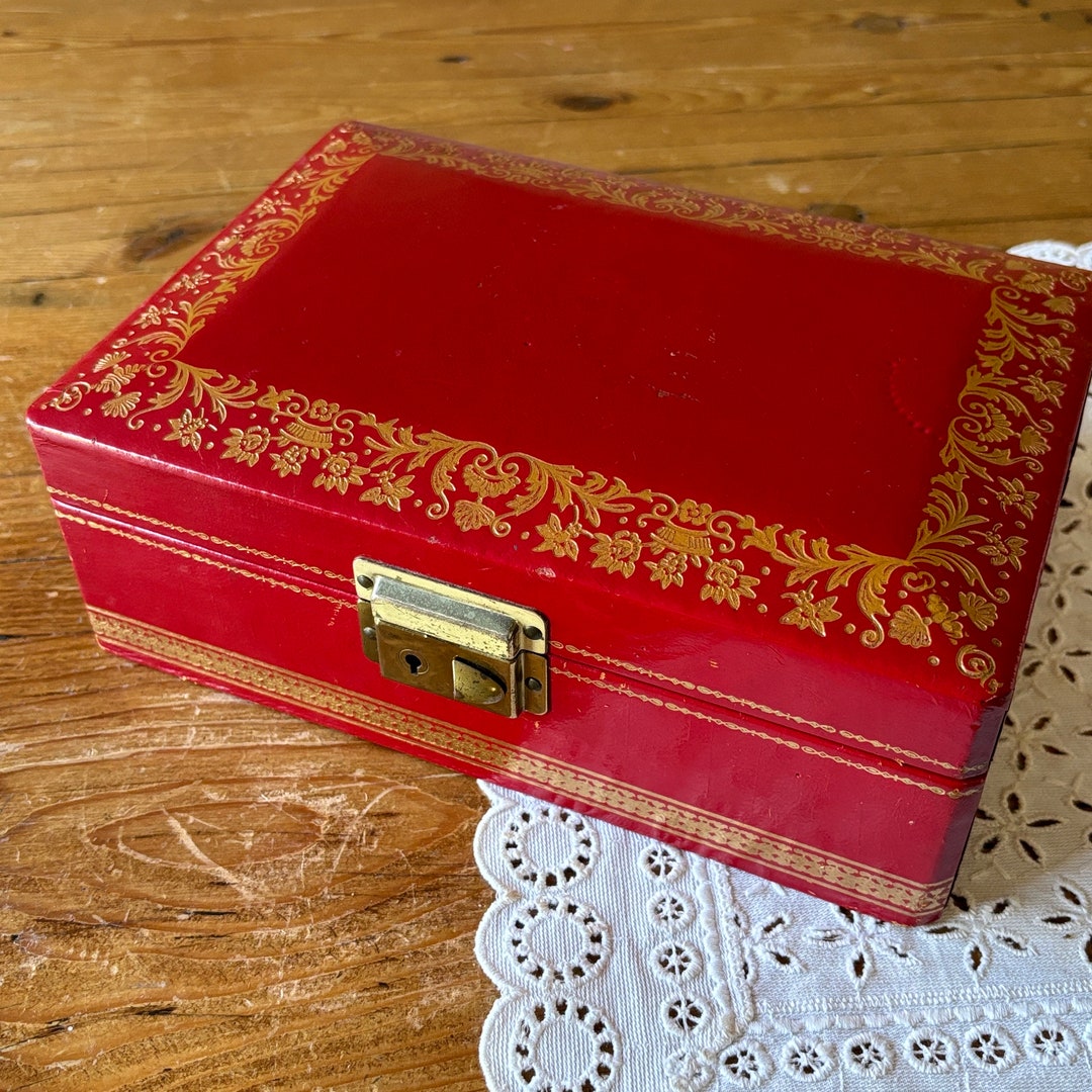 Red Leather Jewelry Box With Gold Foil Embossing, Red Velvet Interior ...