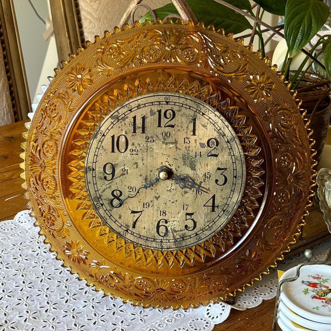 Vintage Indiana Glass Clock, Amber Glass, Battery Operated Movement ...
