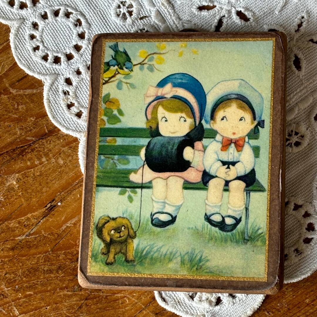 Miniature Plaque, Bluebird and Puppy Plaque, Cute Couple on Parkbench ...