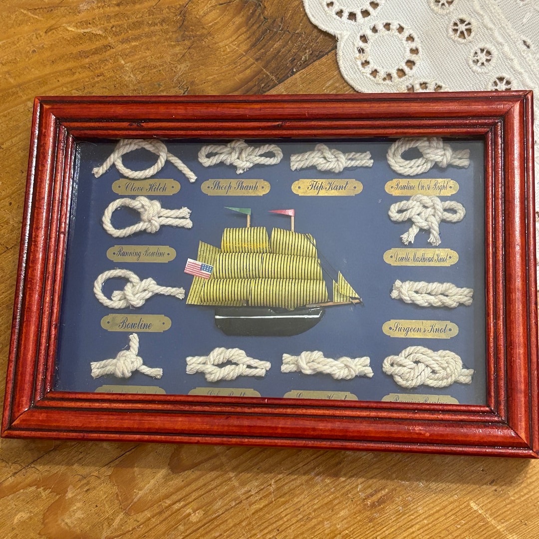 Nautical Knots, Vintage Framed Various Knots, Hand Carved Ship With ...