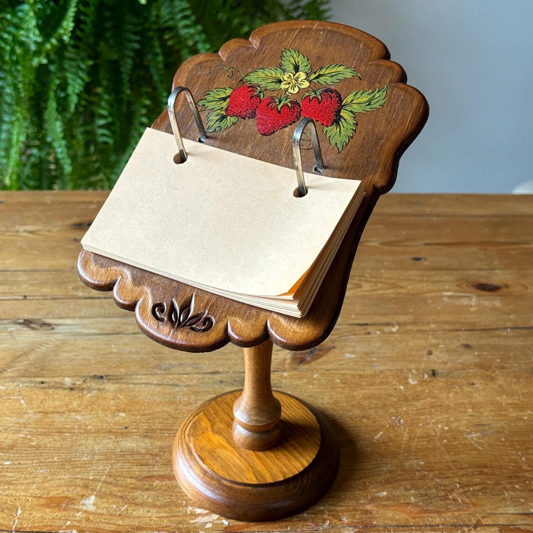 Vintage Recipe Card Holder, Recipe Cards, Strawberries Design, Wood ...