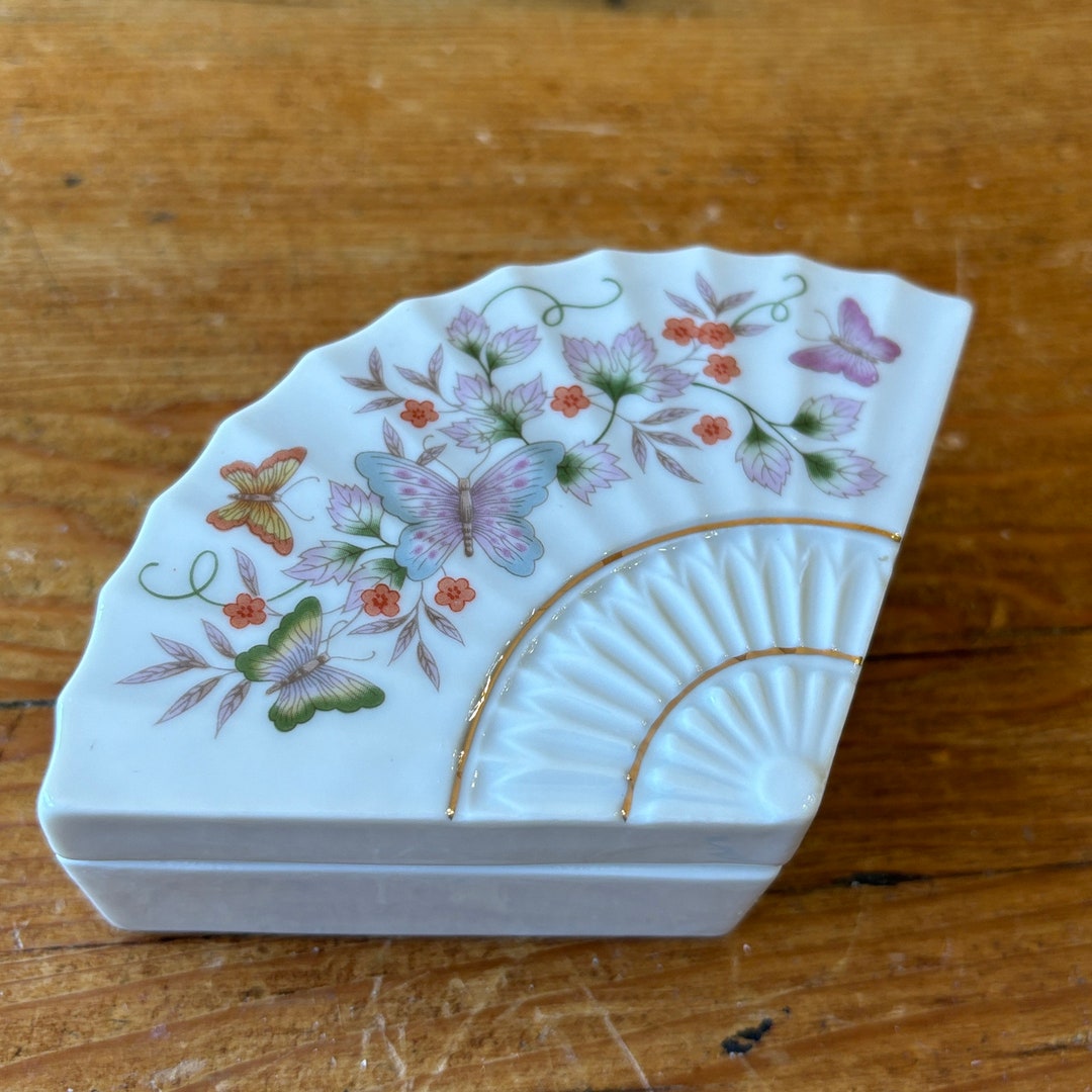 Japanese Trinket Box, Fan Shape Made of Porcelain, Florals and ...