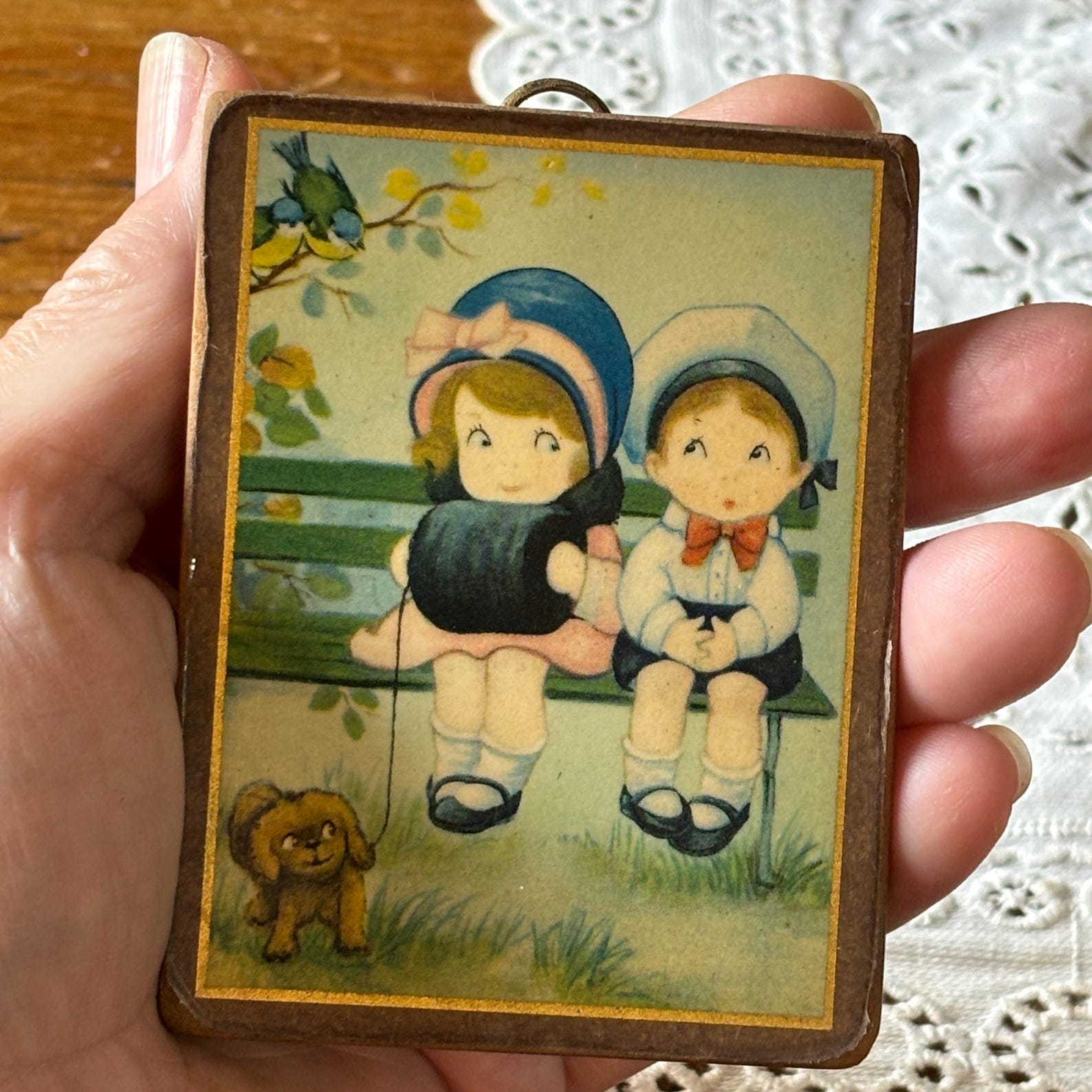 Miniature Plaque, Bluebird and Puppy Plaque, Cute Couple on Parkbench ...