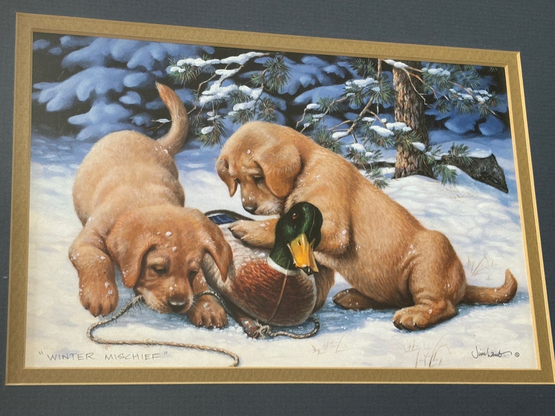 Jim Lamb Fine Art Print, Yellow Lab Puppies and Mallard Decoy Playing ...