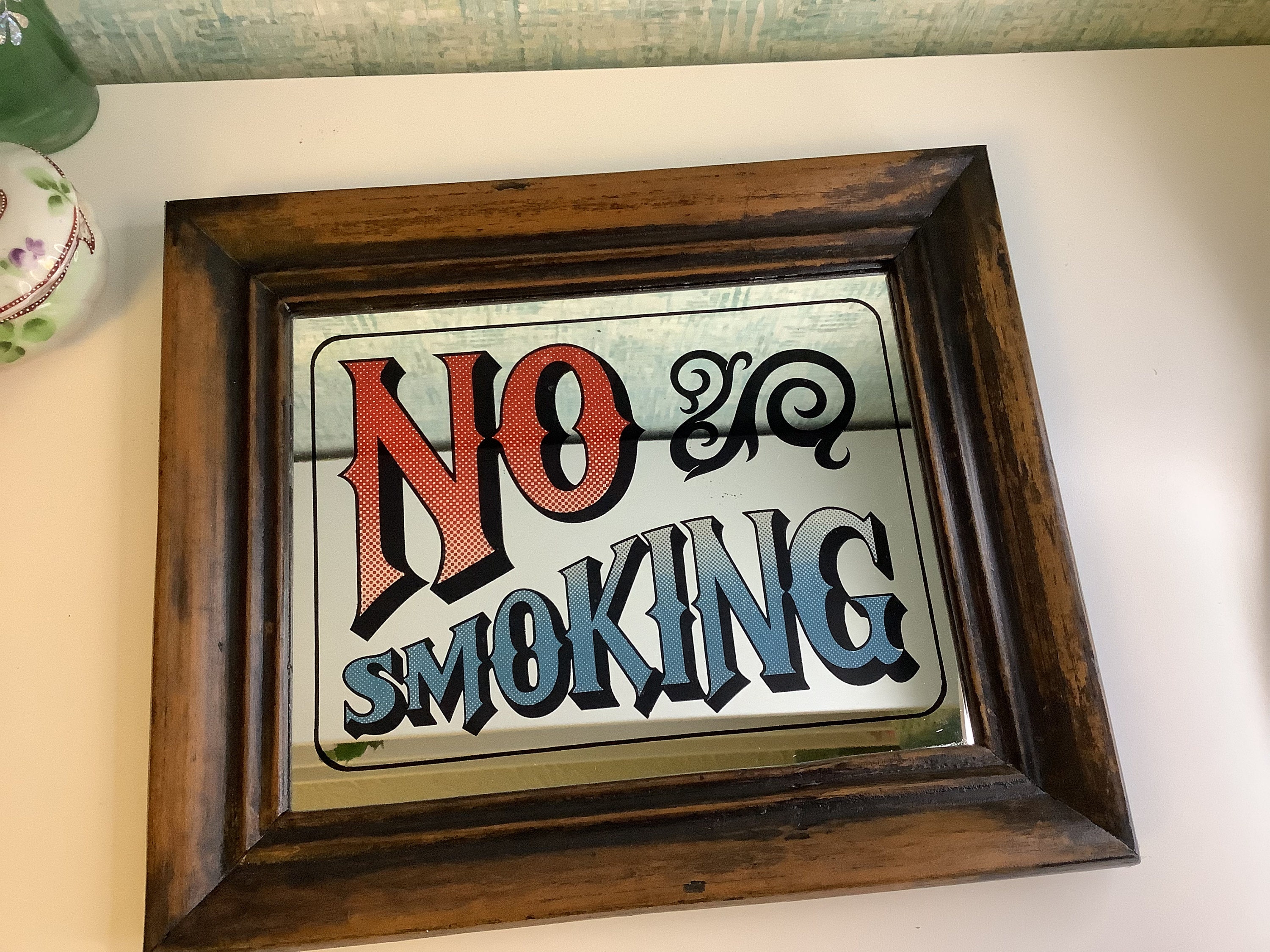 Vintage Bar Sign No Smoking Mirror Framed in Solid Wood Deep Walnut ...