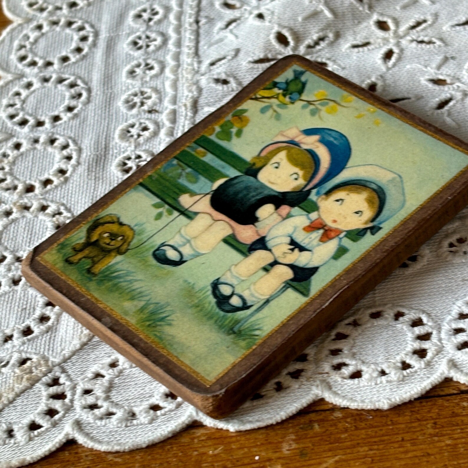 Miniature Plaque, Bluebird and Puppy Plaque, Cute Couple on Parkbench ...