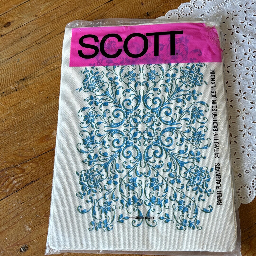 Vintage Paper Placemats, MOD Blue and Green Filigree Design on Textured ...