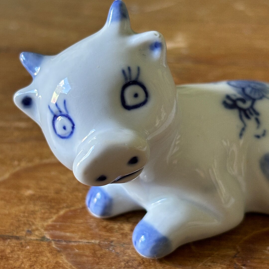 Cobalt Blue and White Porcelain Cow, Calf. One Small Calf Laying, Big ...