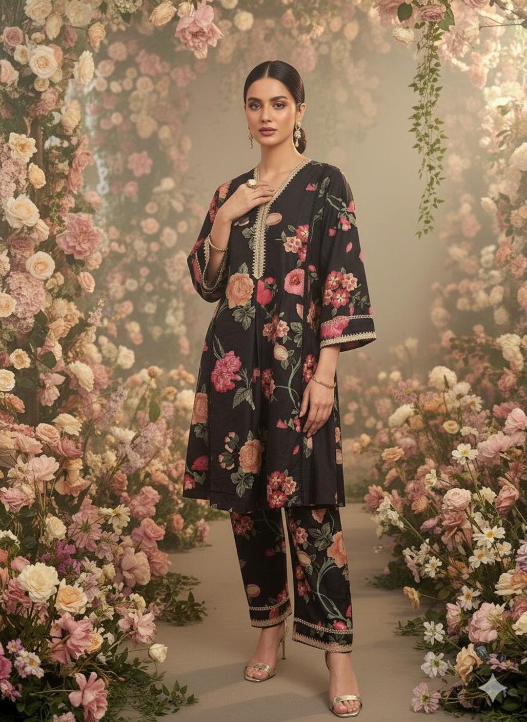 Renee Black Floral Anarkali Kurta Set, Cotton Silk Indian Suit - Etsy UK