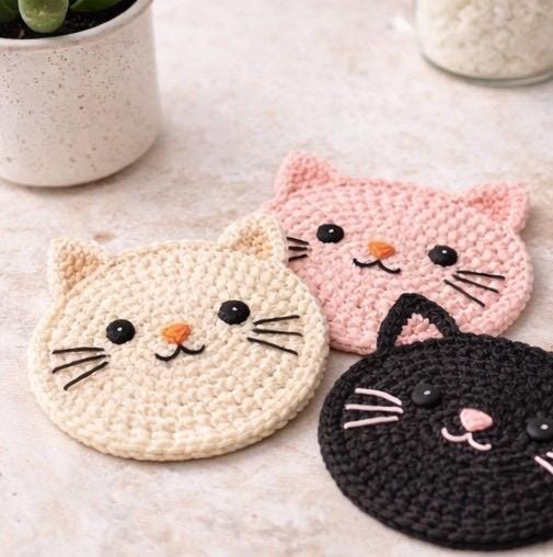 Cat Face Crochet Coaster Pattern PDF | Cute Kitty Coaster Tutorial ...