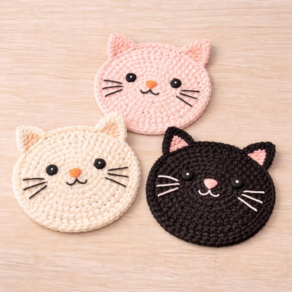 Cat Face Crochet Coaster Pattern PDF | Cute Kitty Coaster Tutorial ...