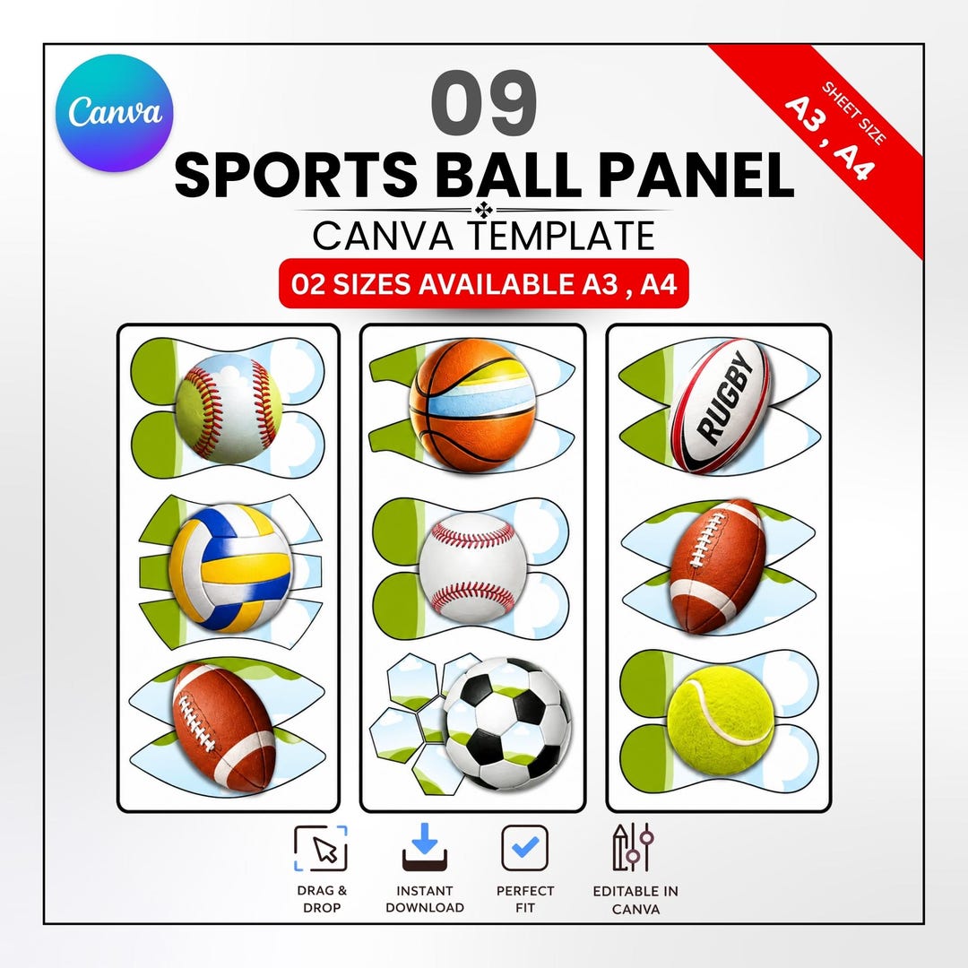 Sports Ball Template Canva Editable, 3D Paper Sports Ball Bundle ...