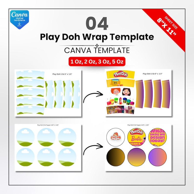 Play Doh Wrap Template Bundle, Editable Canva Playdough Label, 1oz 2oz ...