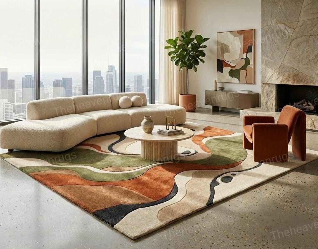 Hand-tufted Earth Tone Abstract Area Rug | Organic Fluid Line Carpet ...
