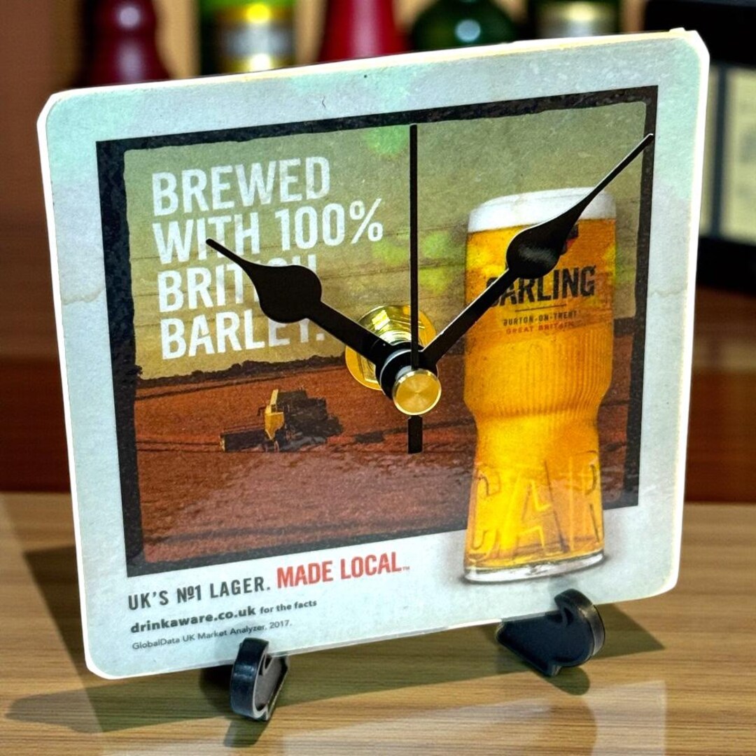 Carling Laminated Beer Mat Desktop Clock With Display Stand and Battery ...
