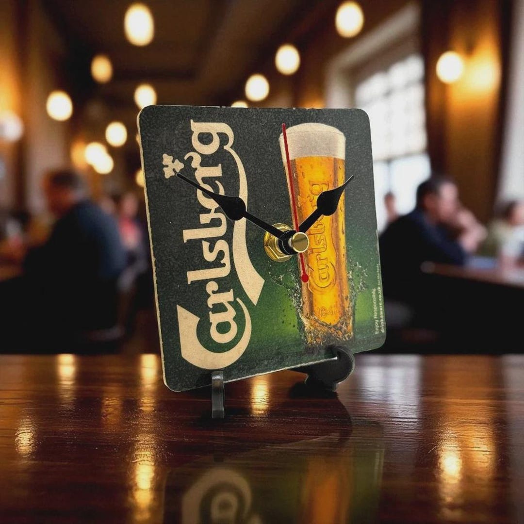 Carlsberg Laminated Beer Mat Desktop Clock With Display Stand and ...