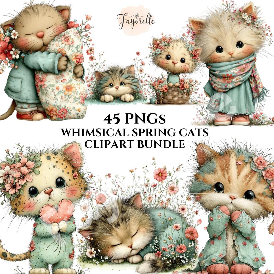 Whimsical Spring Cats Clipart Bundle: Watercolor Kittens, Floral ...