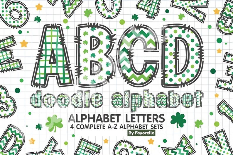St Patricks Day Doodle Alphabet PNG, Shamrock Clover Irish Clipart Set ...