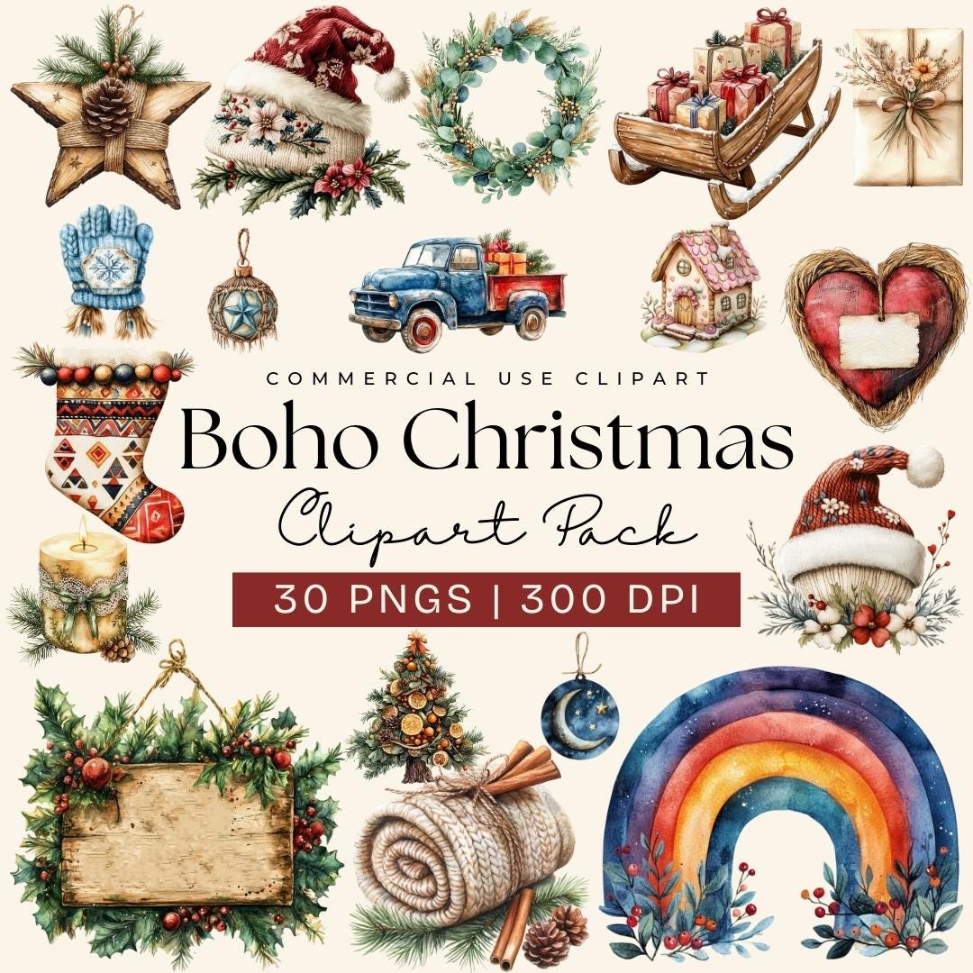 Watercolor Boho Christmas Clipart Set, Holiday PNG (digital Download ...