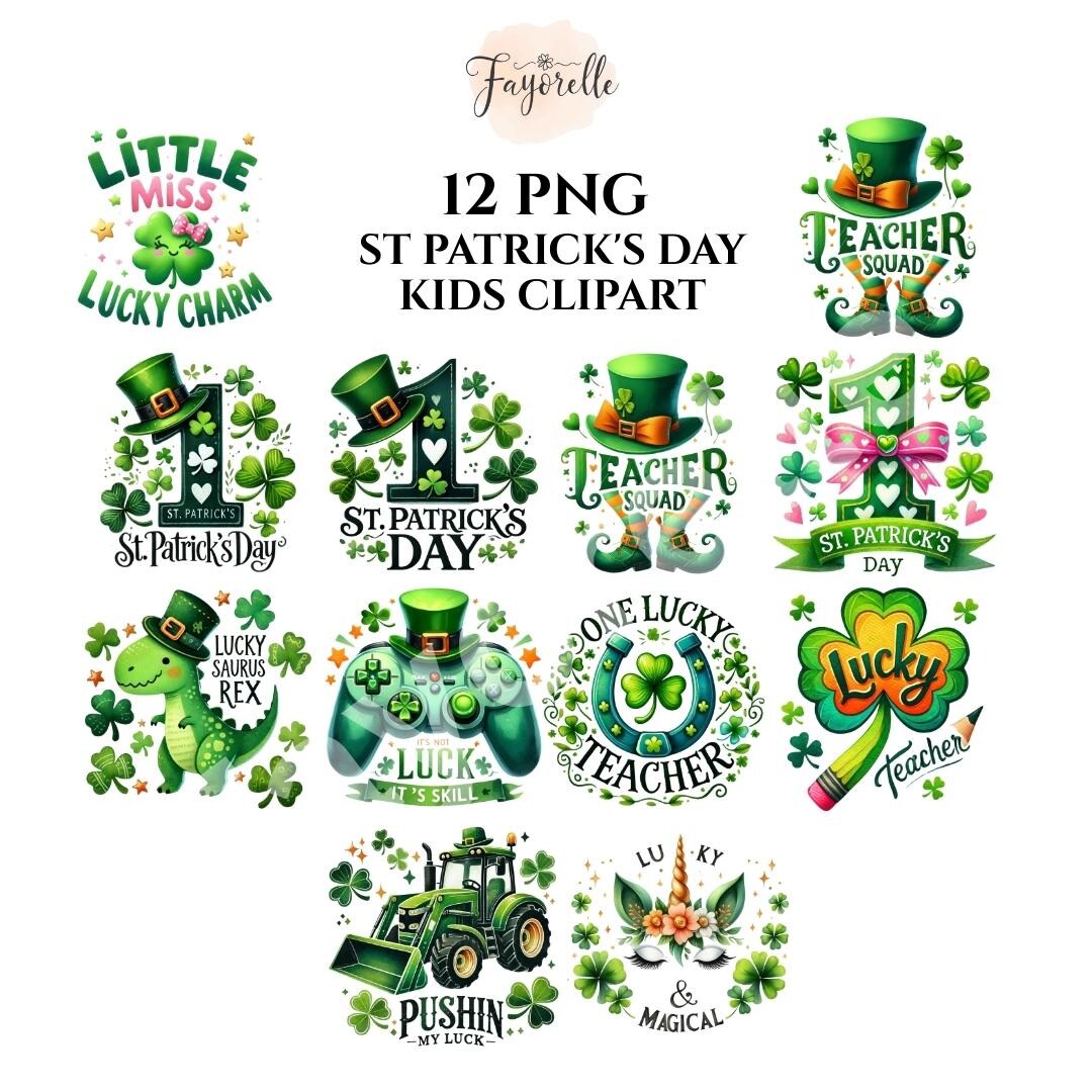 St Patricks Day Kids Clipart Bundle, 12 Lucky Teacher Dino Unicorn ...
