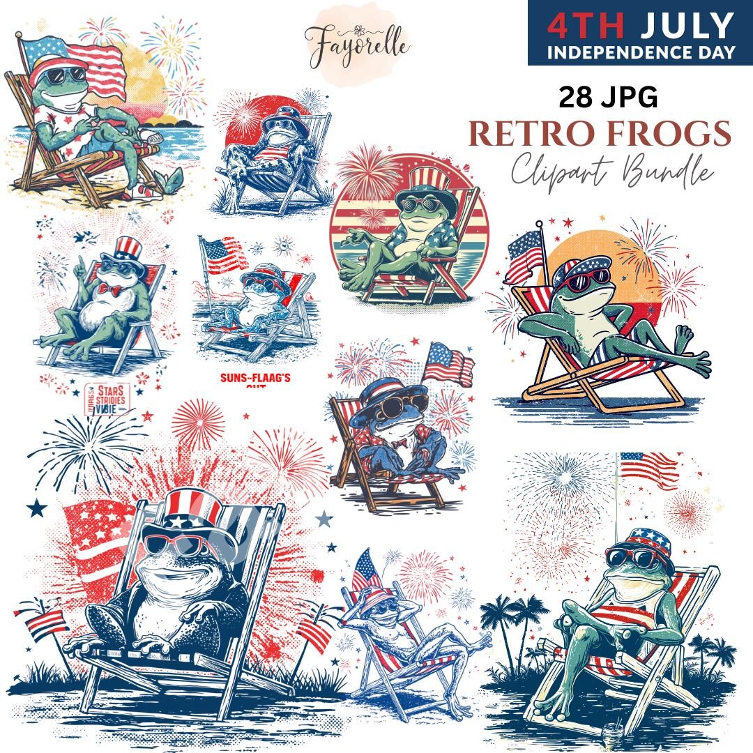 Retro 4th of July Frog Clipart Bundle, USA Patriotic Sublimation Design ...