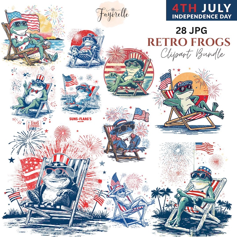 Retro 4th of July Frog Clipart Bundle, USA Patriotic Sublimation Design ...