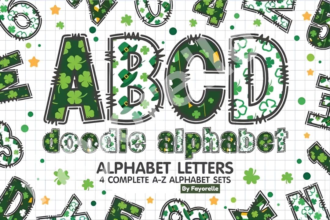 St Patricks Day Doodle Alphabet PNG Bundle, Shamrock Clover Letters ...