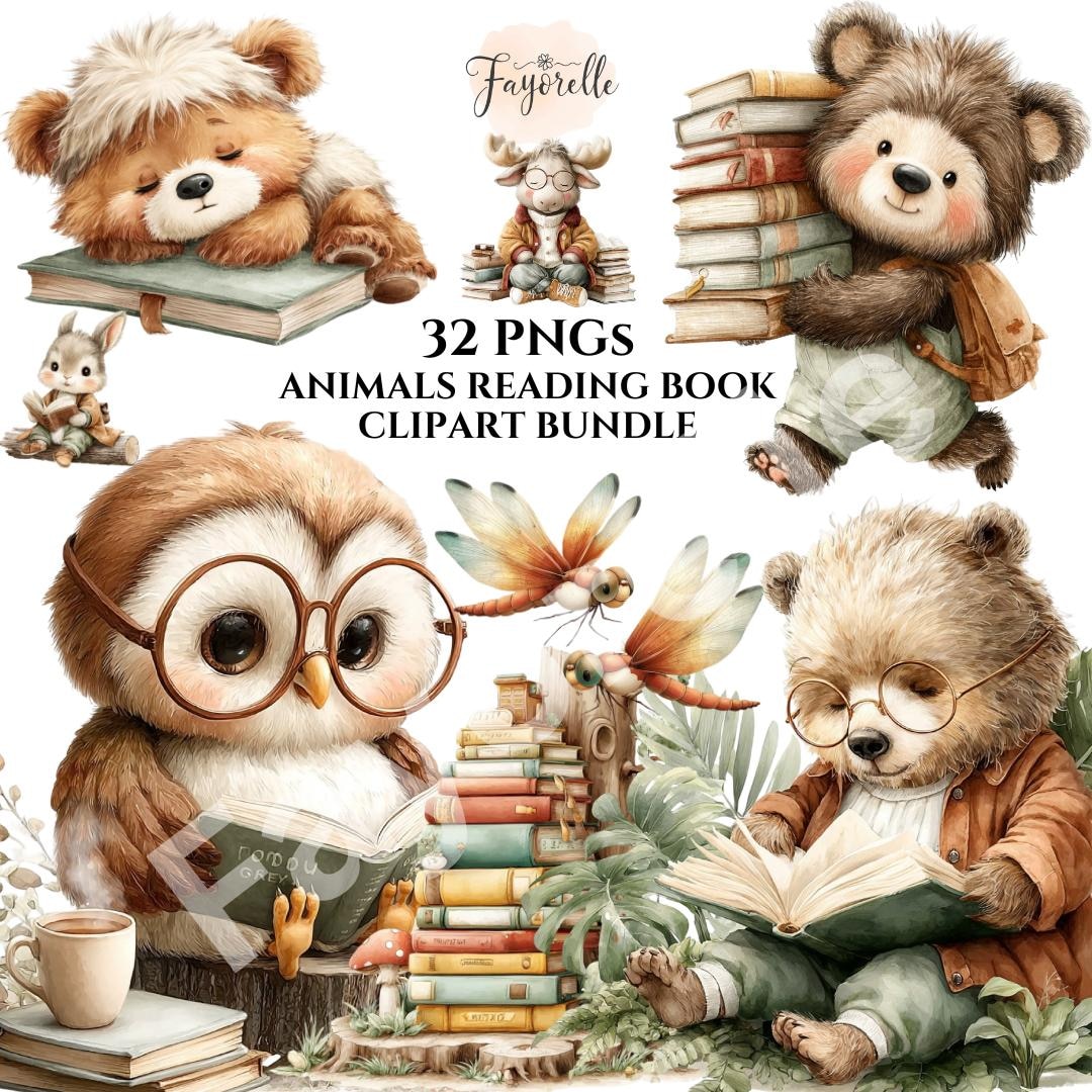 Woodland Animals Reading Books Clipart Bundle, Watercolor PNG Graphics ...