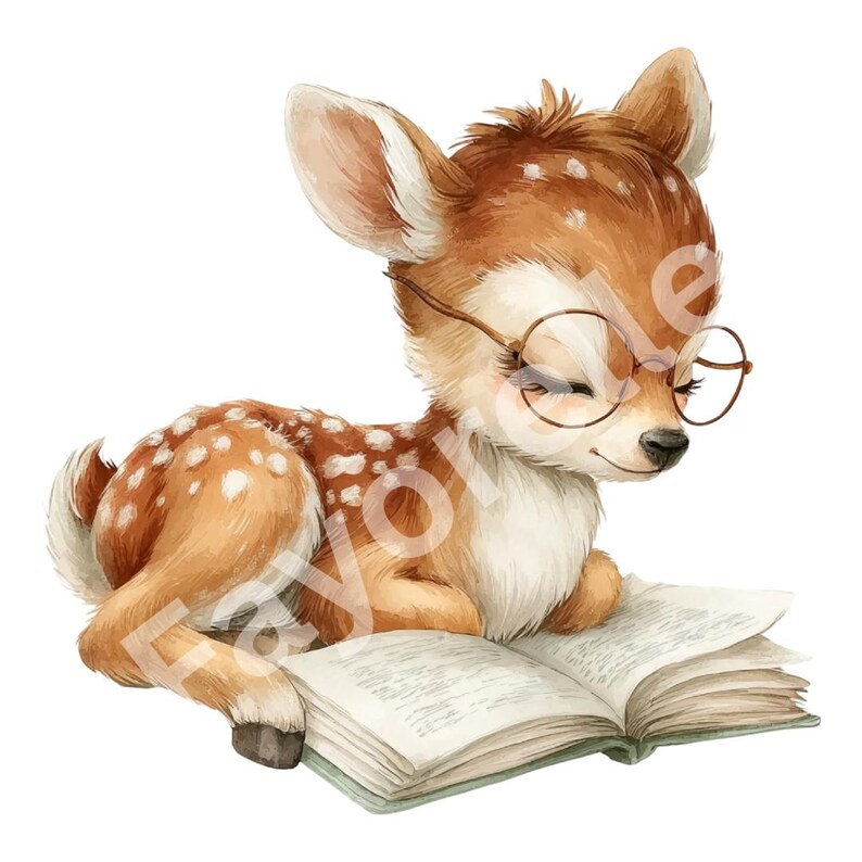 Woodland Animals Reading Books Clipart Bundle, Watercolor PNG Graphics ...