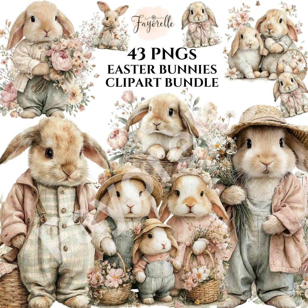 Watercolor Easter Bunnies Clipart Bundle: Spring Rabbits, Flowers ...