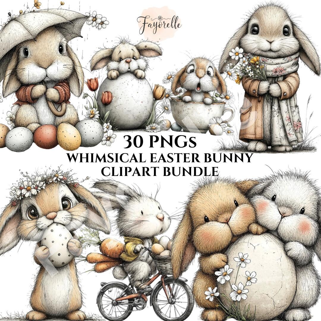 Whimsical Easter Bunny Clipart Bundle: Watercolor Pngs for Kids Spring ...