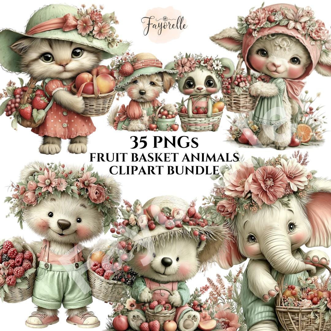 Fruit Basket Animals Clipart Bundle: Watercolor Baby Animals PNG Set - Etsy