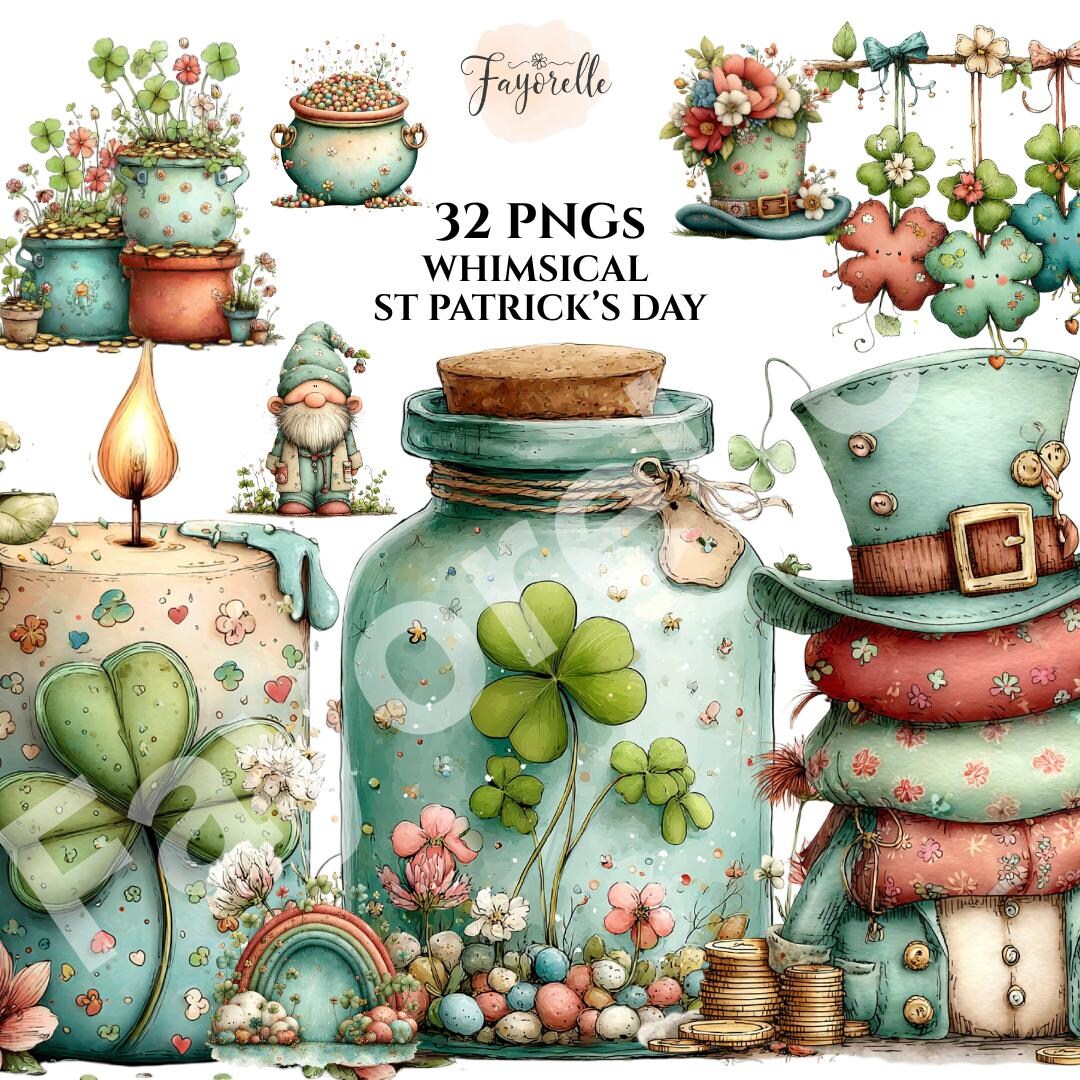 Watercolor St Patricks Day Clipart Bundle, Irish Gnome, Shamrock (PNG ...
