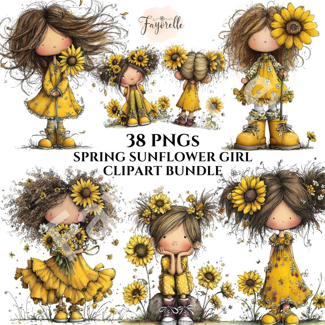 Watercolor Sunflower Girl Clipart Bundle: Spring Floral Pngs for ...